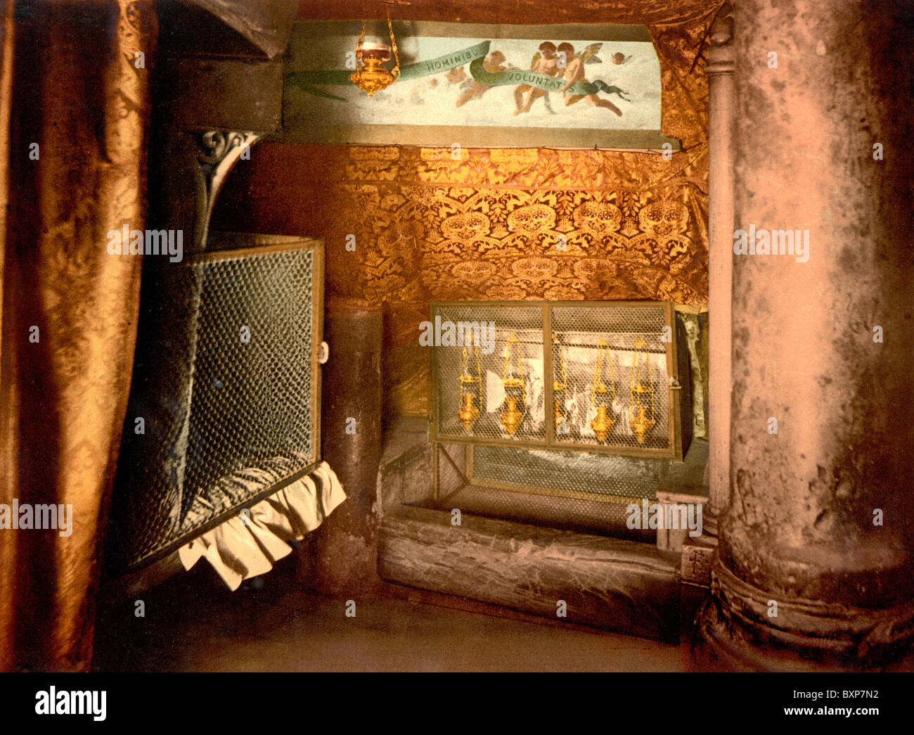 The cave and the cradle, Bethlehem, Holy Land, West Bank, Israel, circa ...