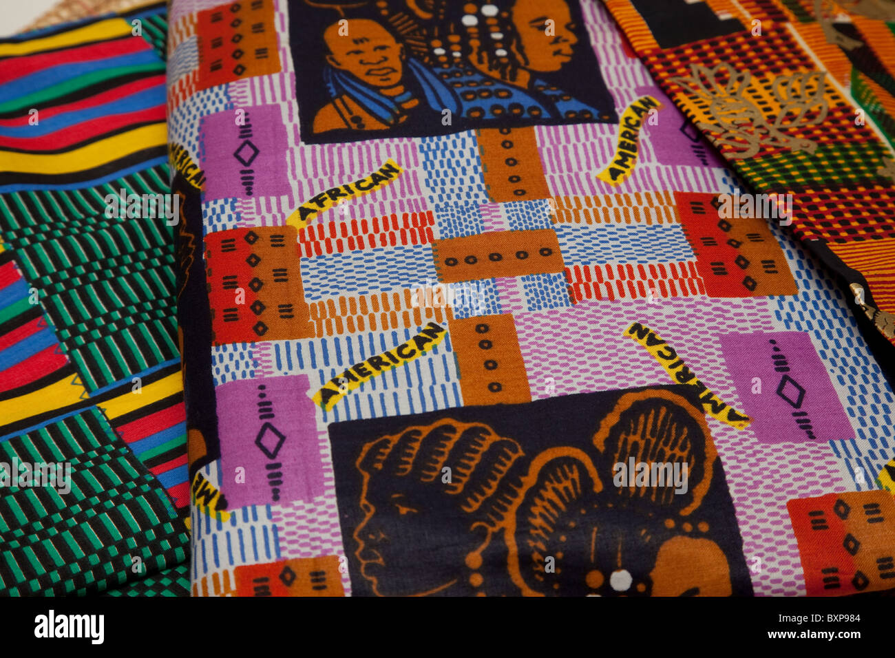 Colorful fabric printed with the words African American, next to ...