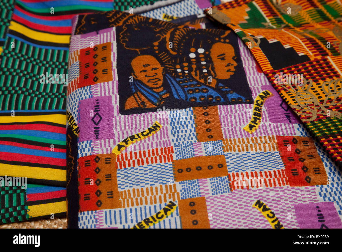 Colorful fabric printed with the words African American, next to ...