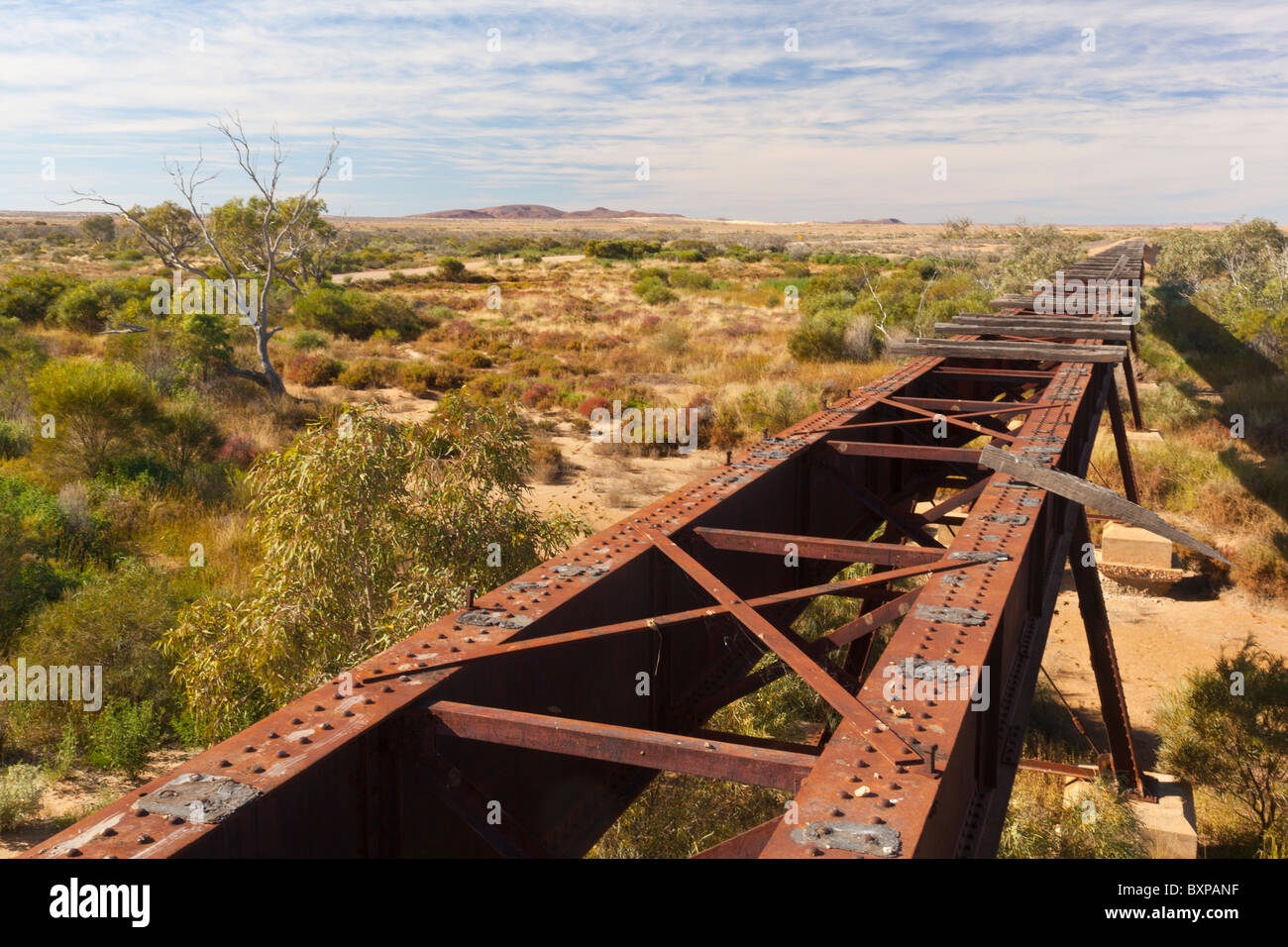 Railway bridge over Gregory Creek on the Old Ghan Railway in outback ...