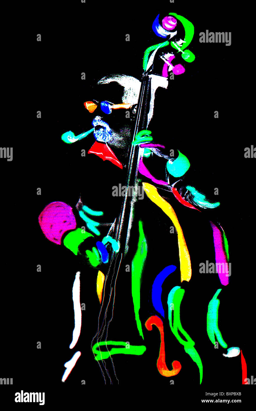 Street musician with pipe playing contrabass,digitally altered image ...