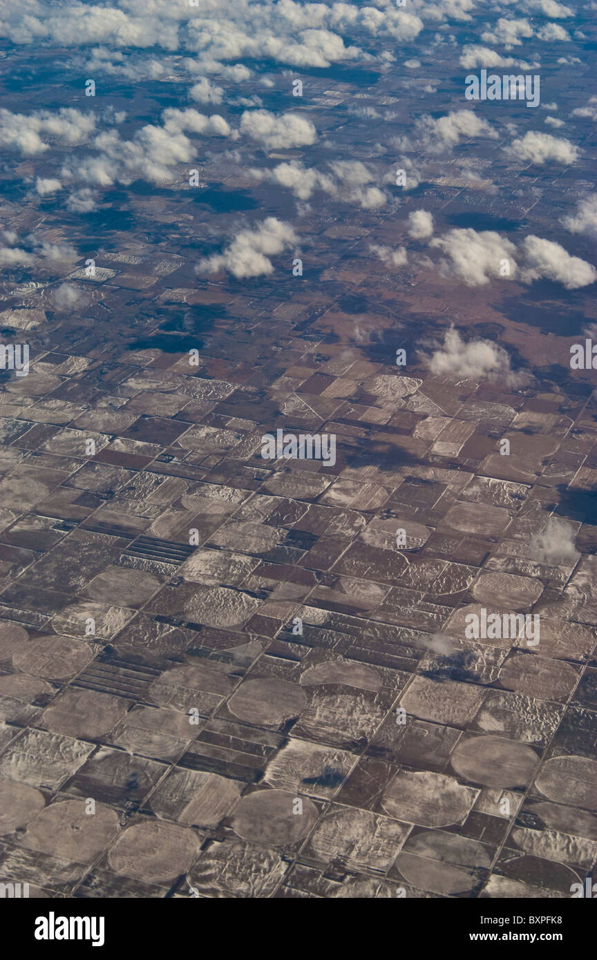 Aerial photo over American farmland showing grid layout and irrigation ...