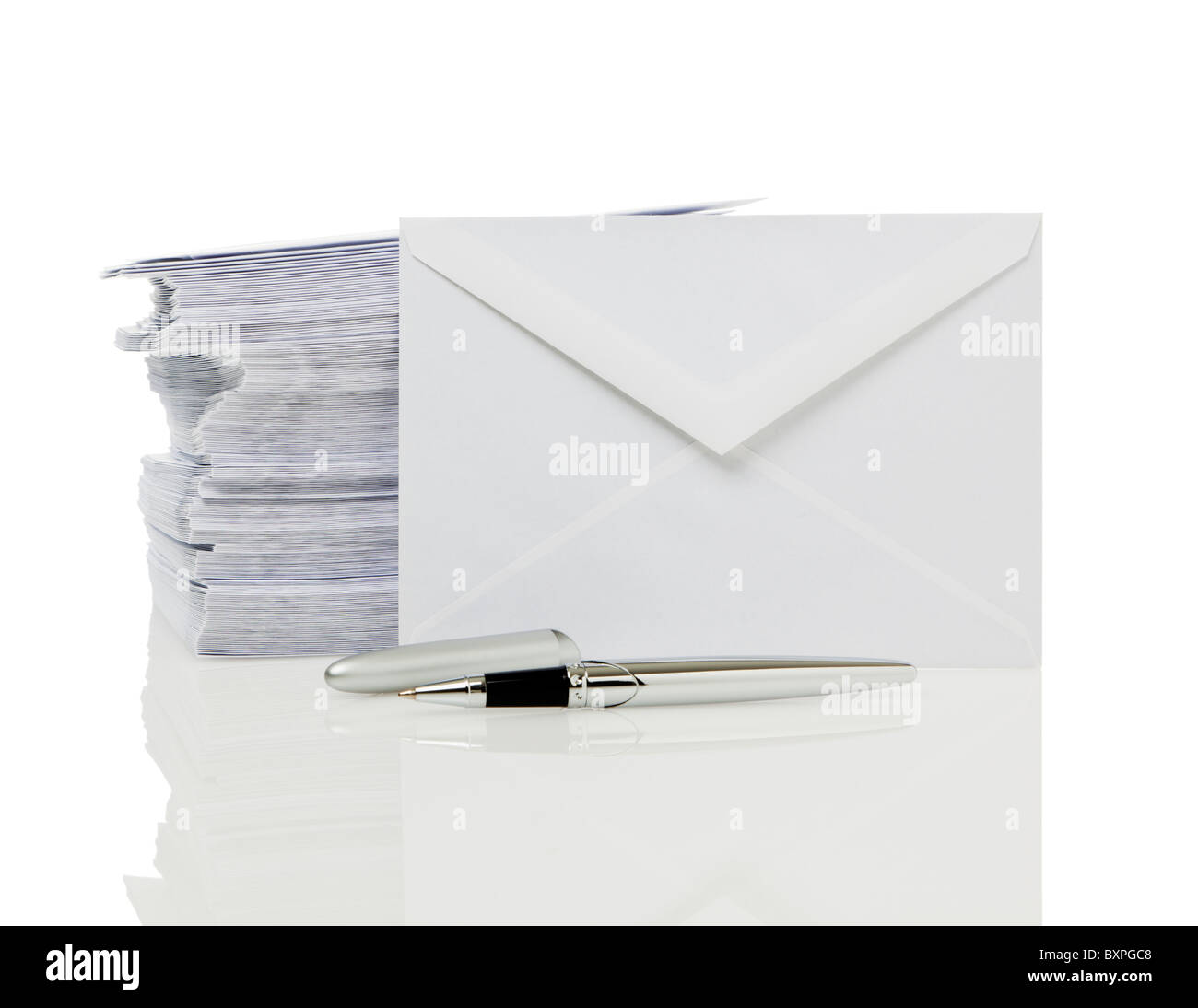 stack of letter envelopes and ballpoint pen isolated on white Stock ...