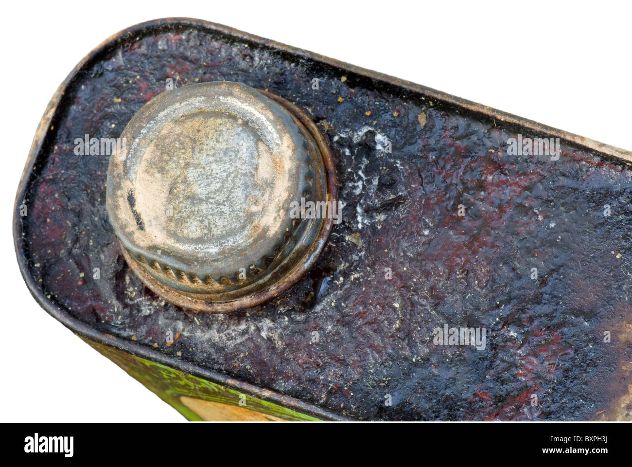 Isolated top view of dried up oil on a metal can with a stuck lid Stock ...