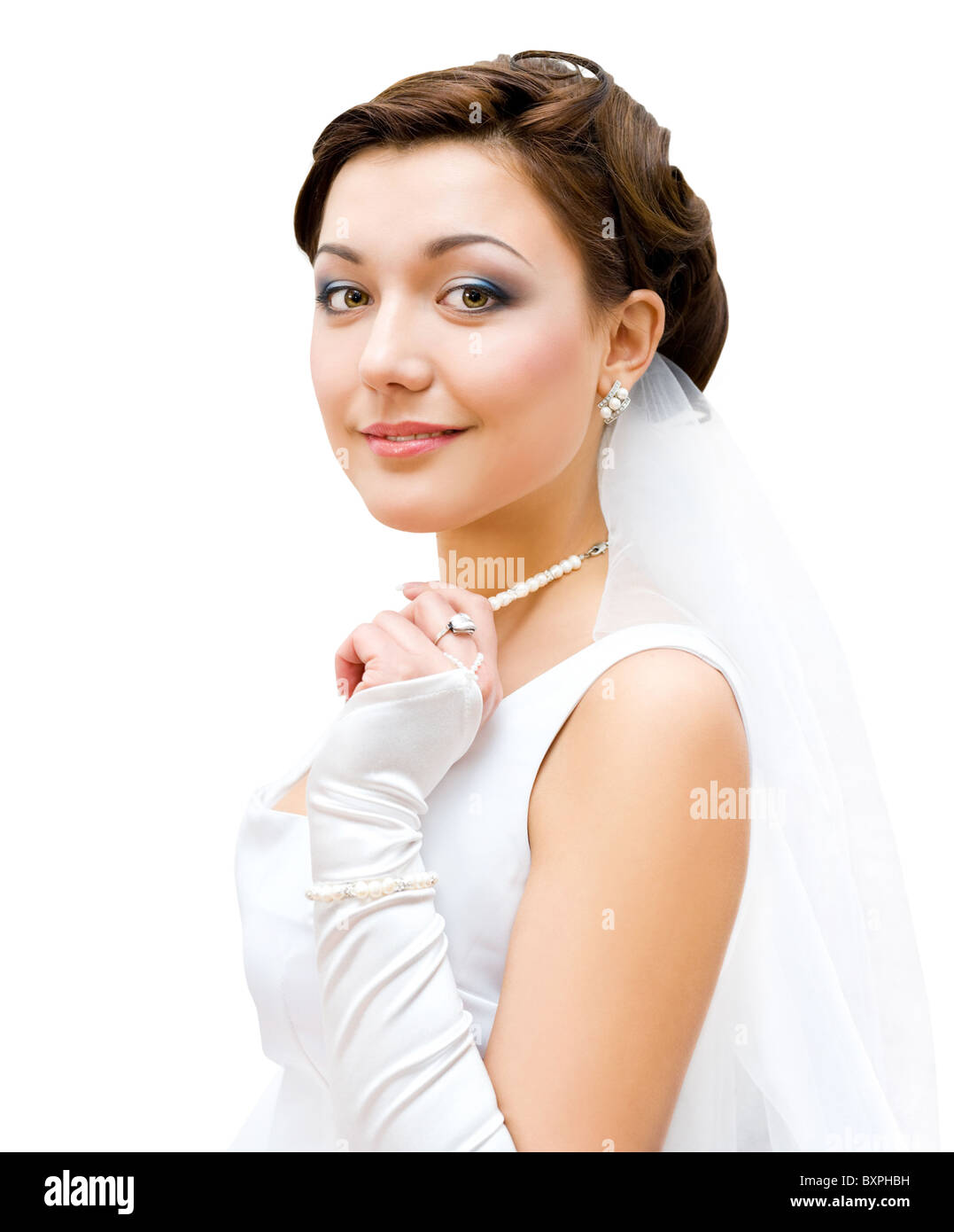 young charming bride looks into camera, isolated Stock Photo - Alamy