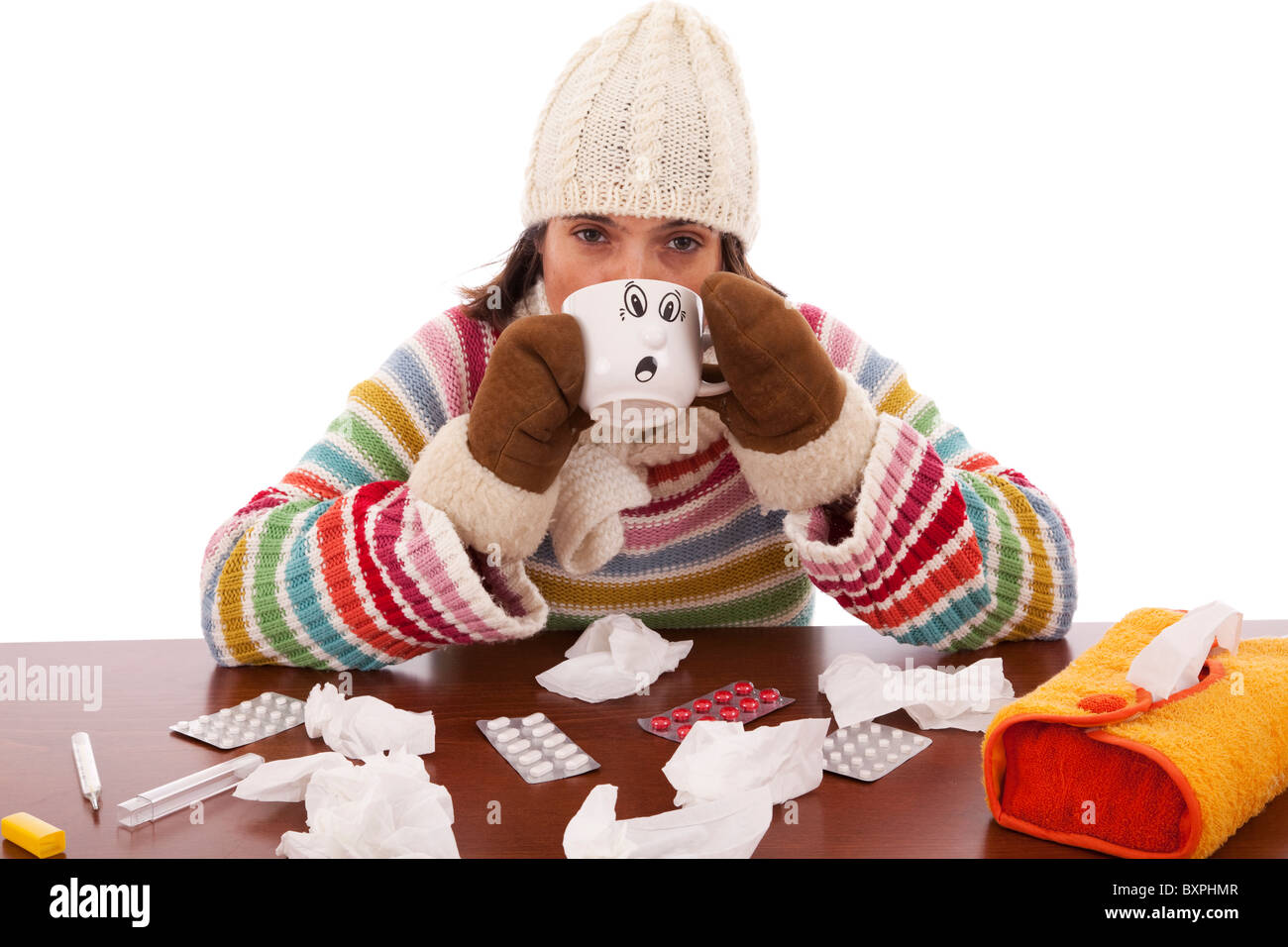 sad woman with flu symptom holding a mug with a hot drink (isolated on ...