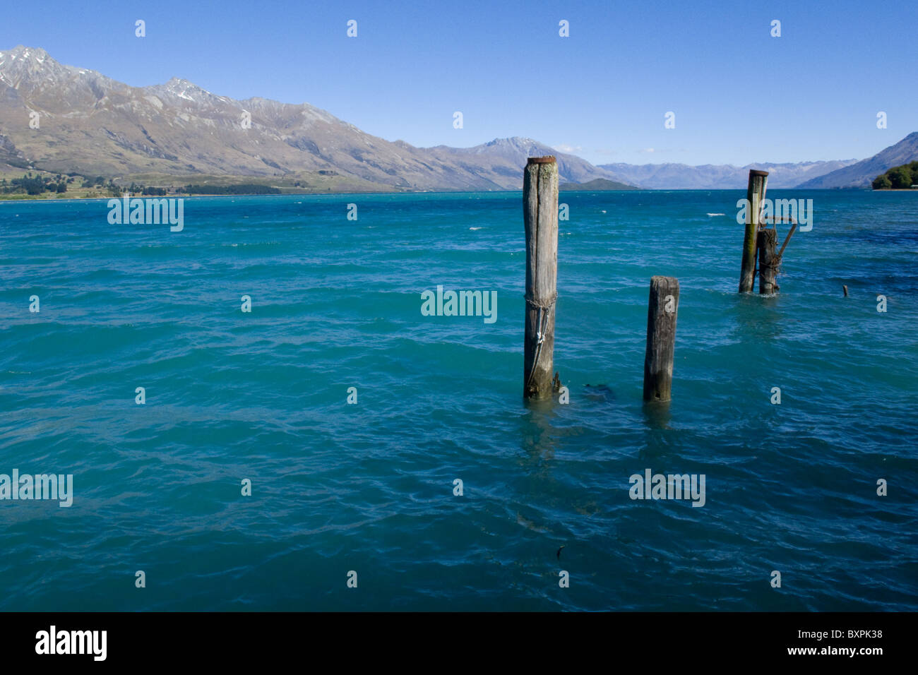 Wooden posts from an old pier stand in the blue waters of Lake Wakatipu ...