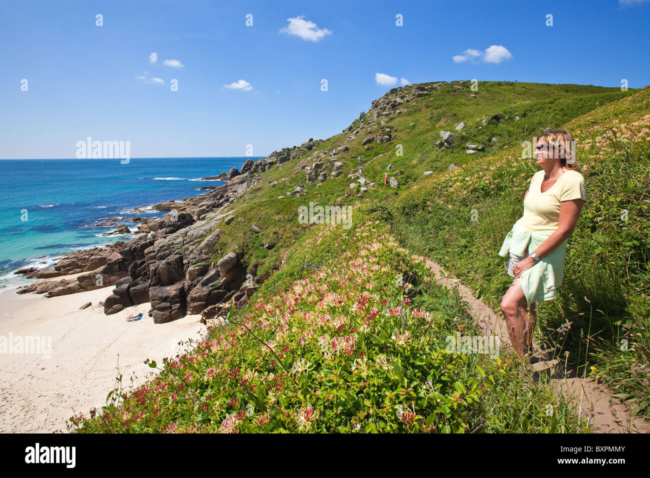 View of Porth Chapel beach near Porthcurno, St Levan, West Cornwall, UK ...
