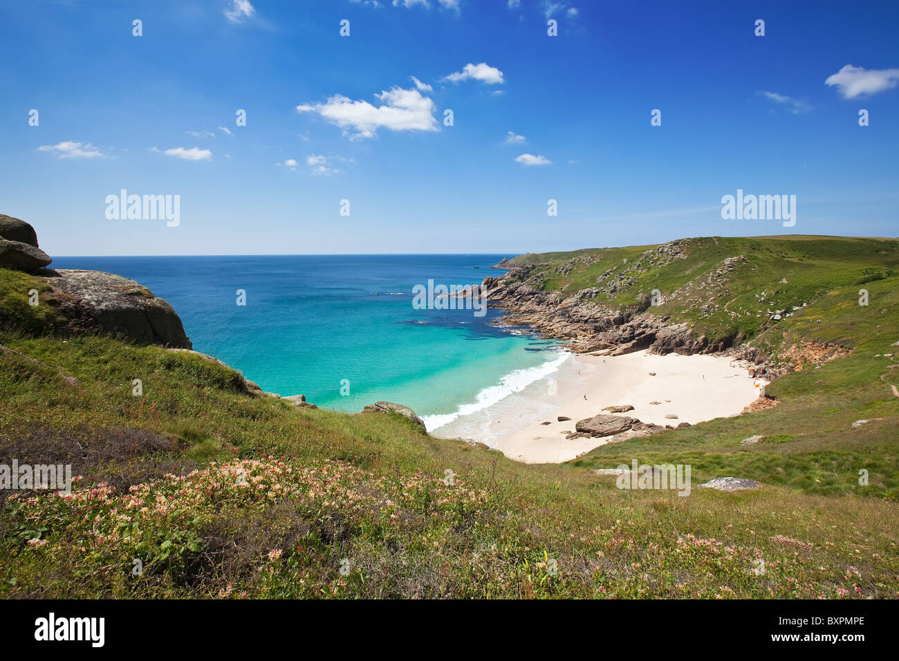View of Porth Chapel beach near Porthcurno, St Levan, West Cornwall, UK ...