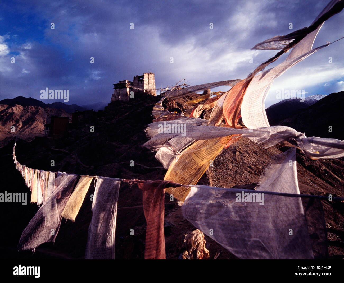 Leh Monastery With Prayer Flags In Foreground Stock Photo - Alamy