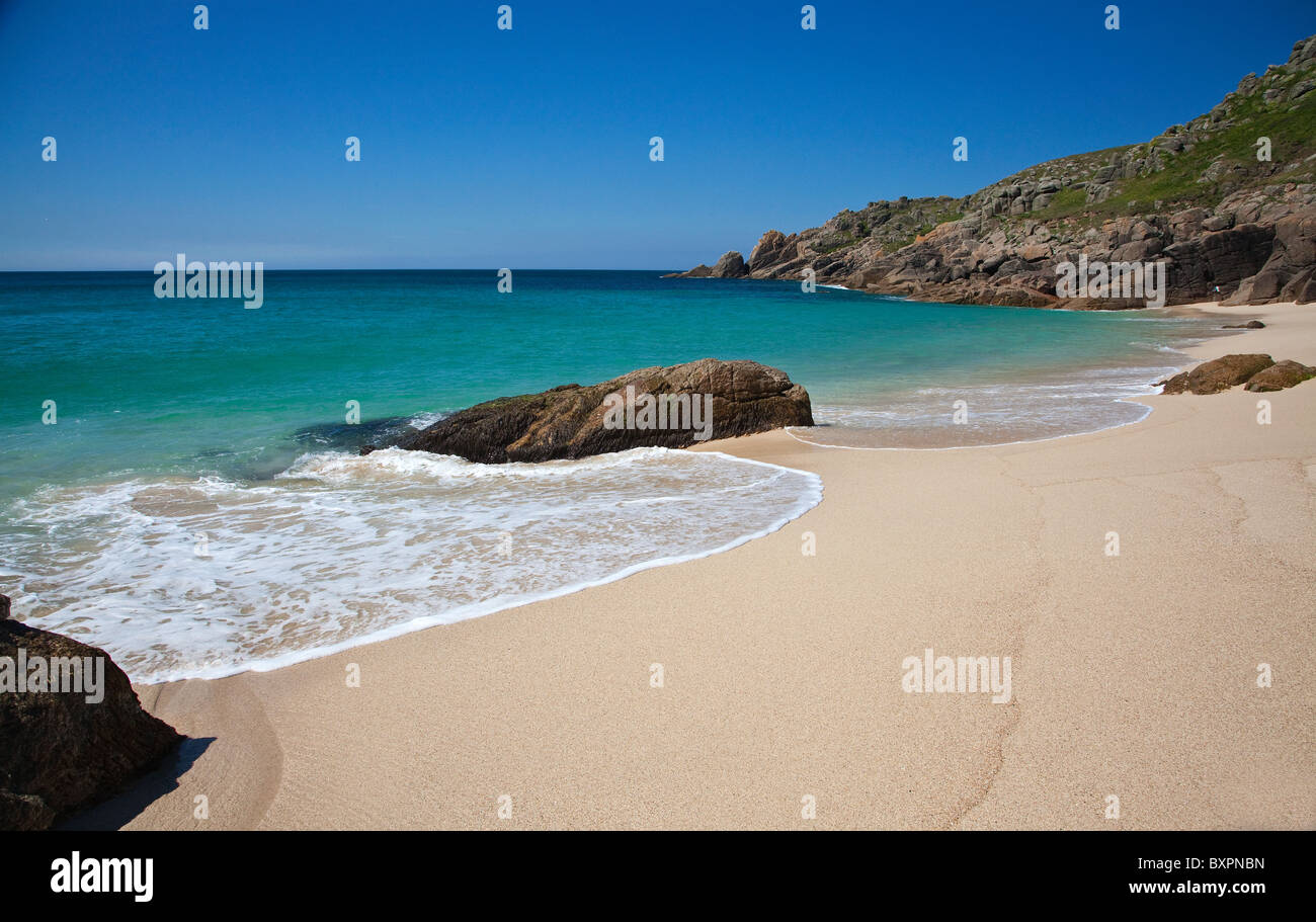 View of Porth Chapel beach near Porthcurno, St Levan, West Cornwall, UK ...