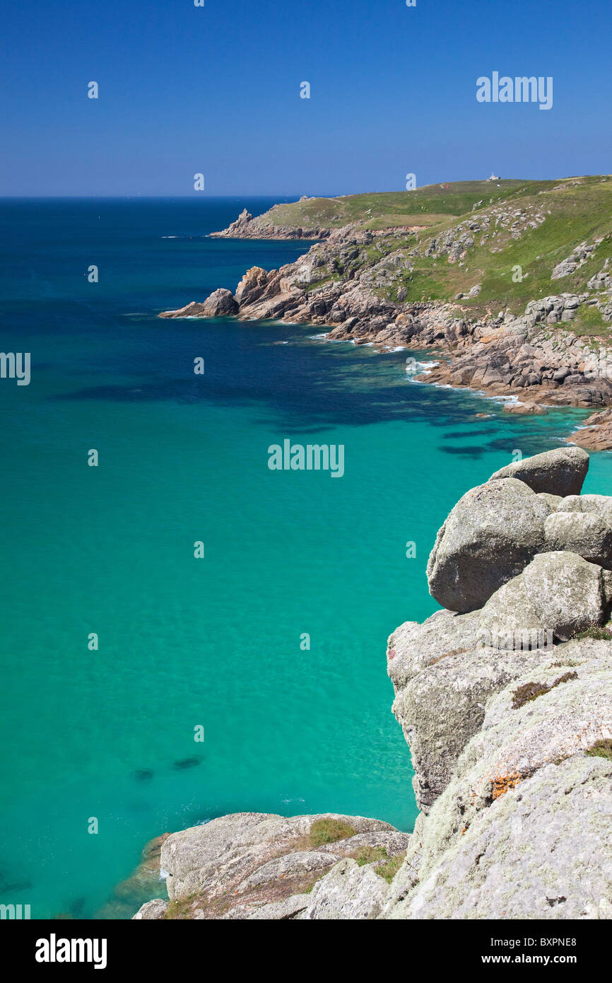 View of Porth Chapel beach near Porthcurno, St Levan, West Cornwall, UK ...