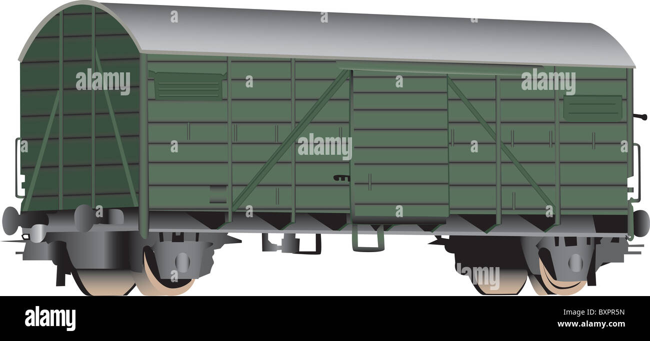 A three-dimensional rendering of a green railroad boxcar. White ...