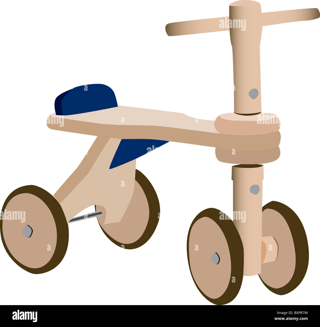 Wood toy bicycle, four wheels, isolated against a white background ...