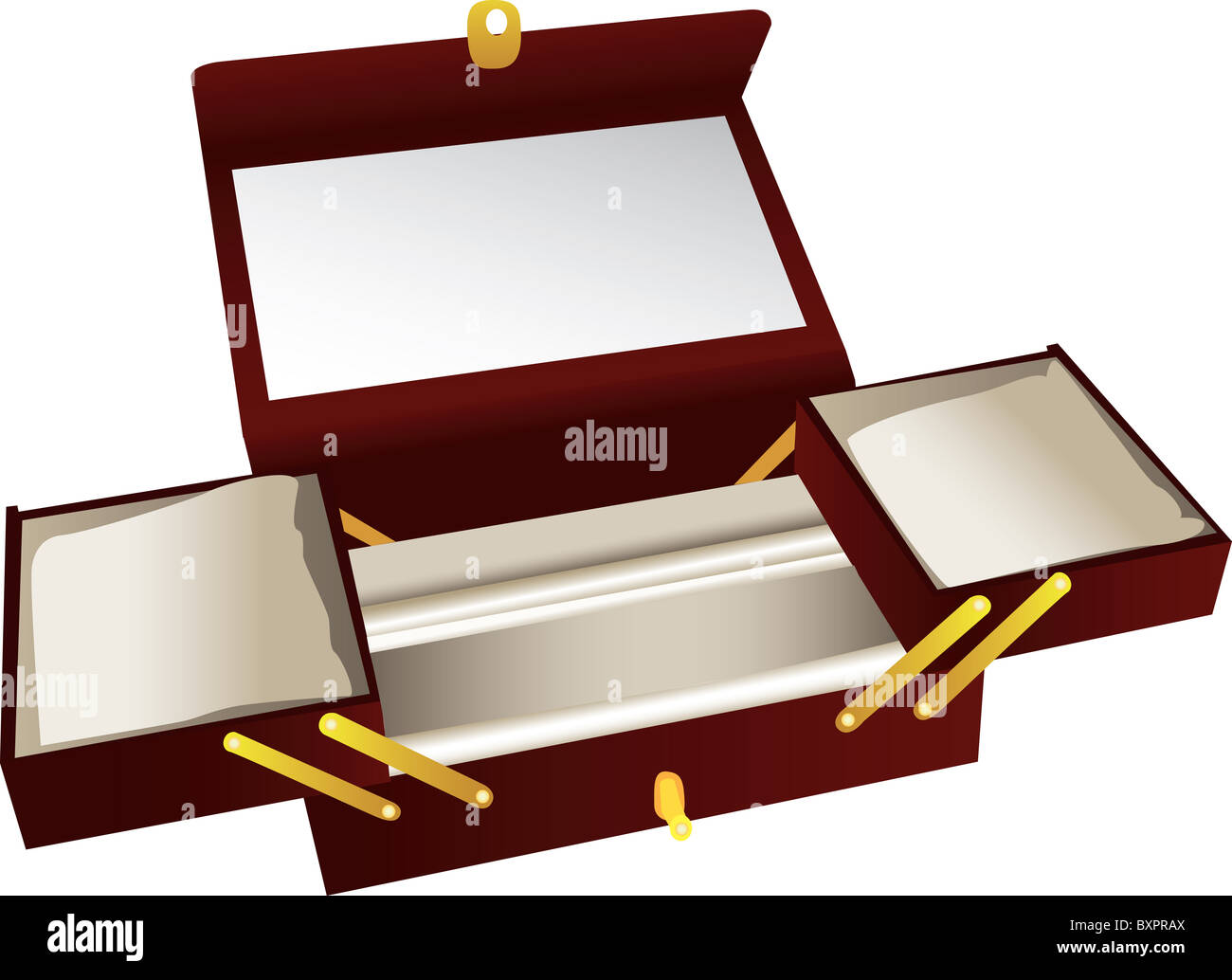 Illustrated wooden jewelry box opened to show different drawers ...