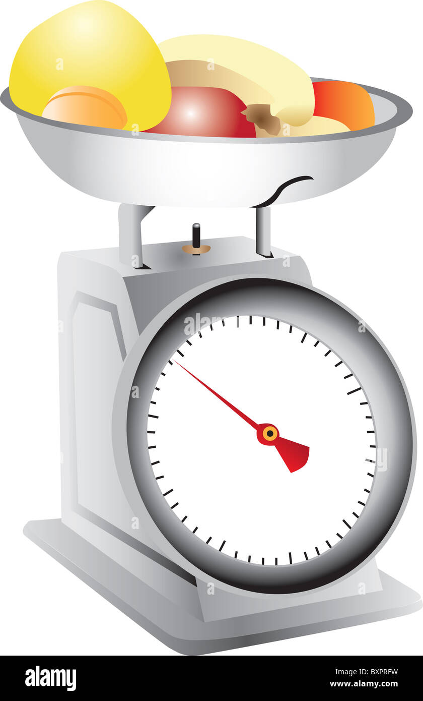 Selection of fruit on weighing scales, isolated on white background ...