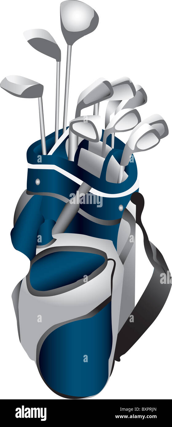 Illustration of a set of gold clubs in a blue and gray gold bag Stock ...