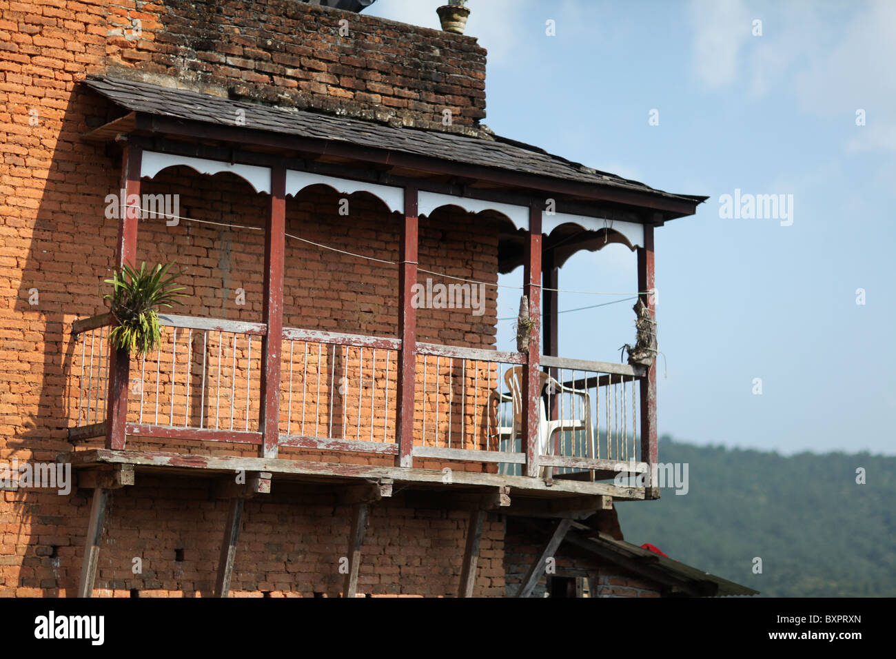 A balcony with a view in the ancient Newari mountain village of ...