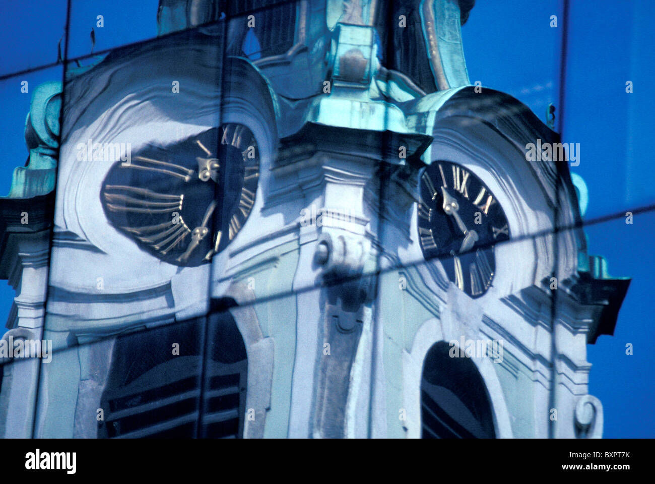Reflection Of Clock Tower In Office Windows Stock Photo - Alamy
