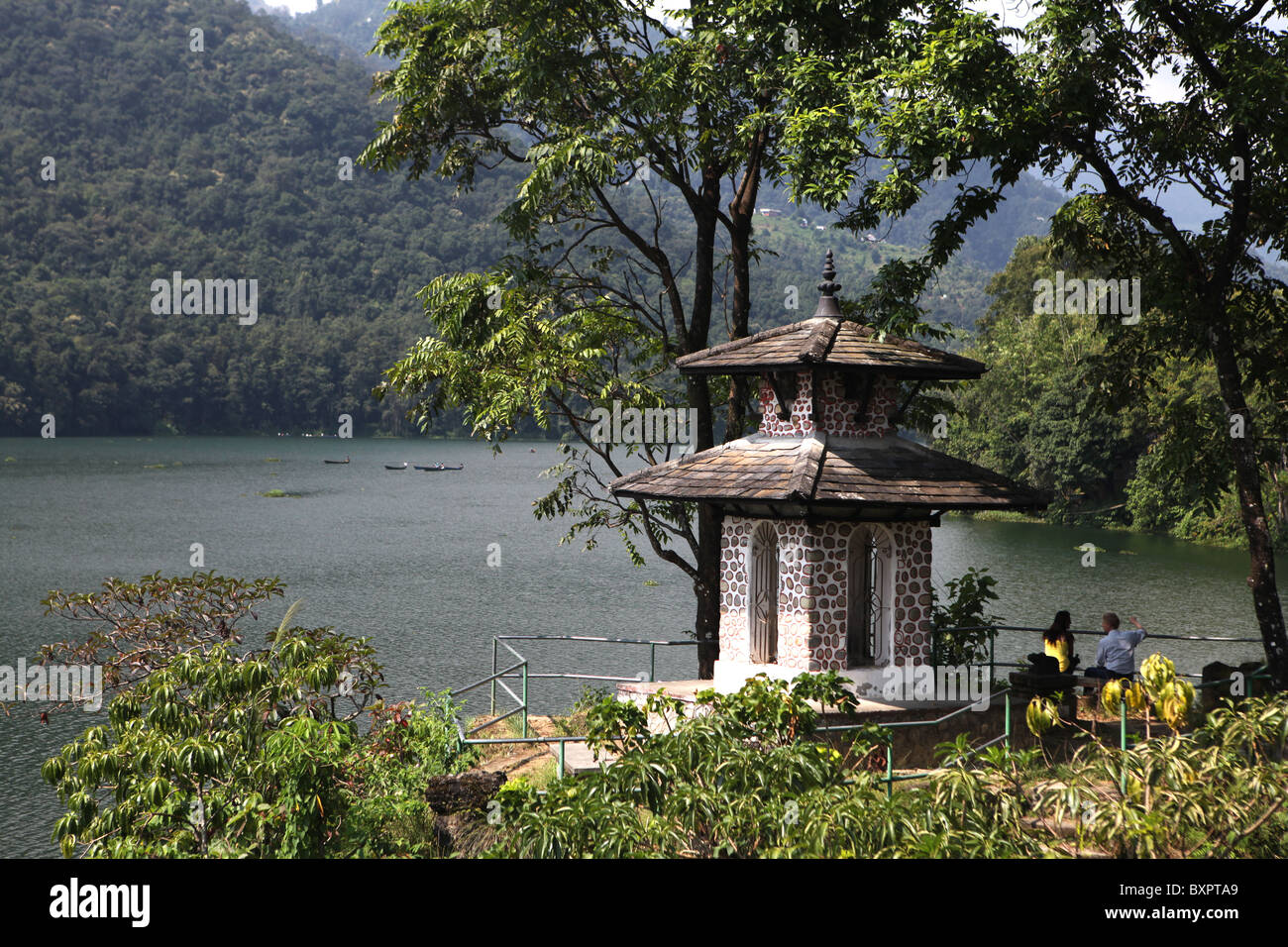 View of a pagoda by the Lakeside or Baidam in the city of Pokhara in ...