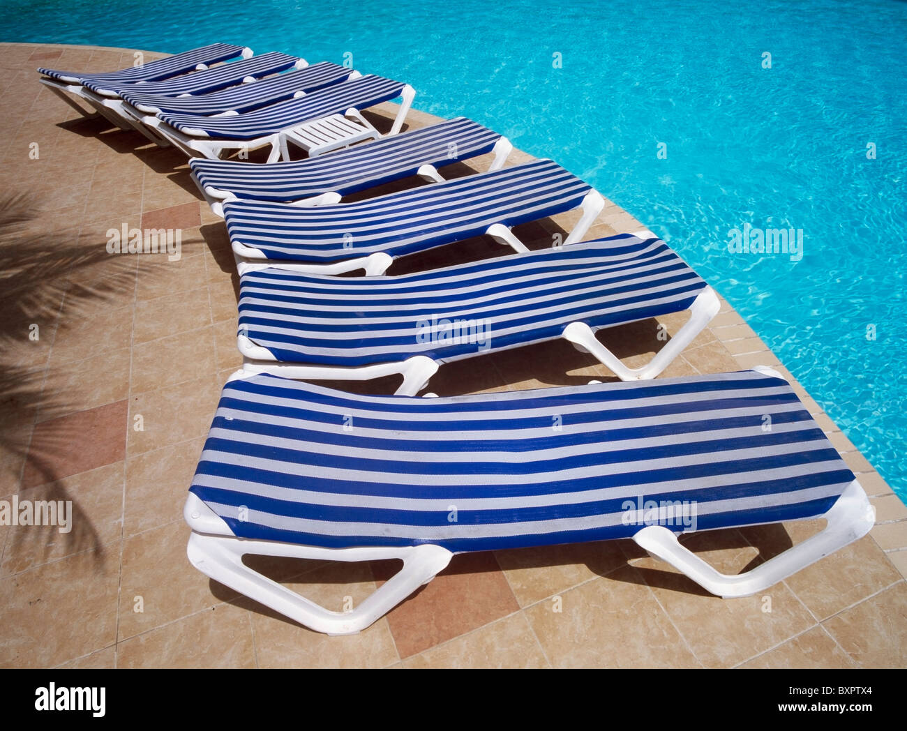 Sun Loungers Arranged Around The Pool Stock Photo - Alamy