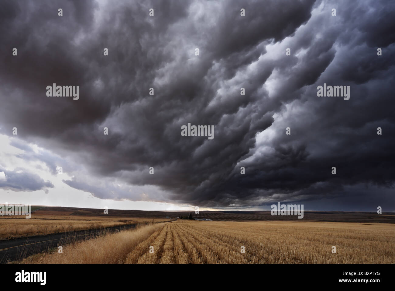 The autumn storm approaches on fields after harvesting. Montana, the ...