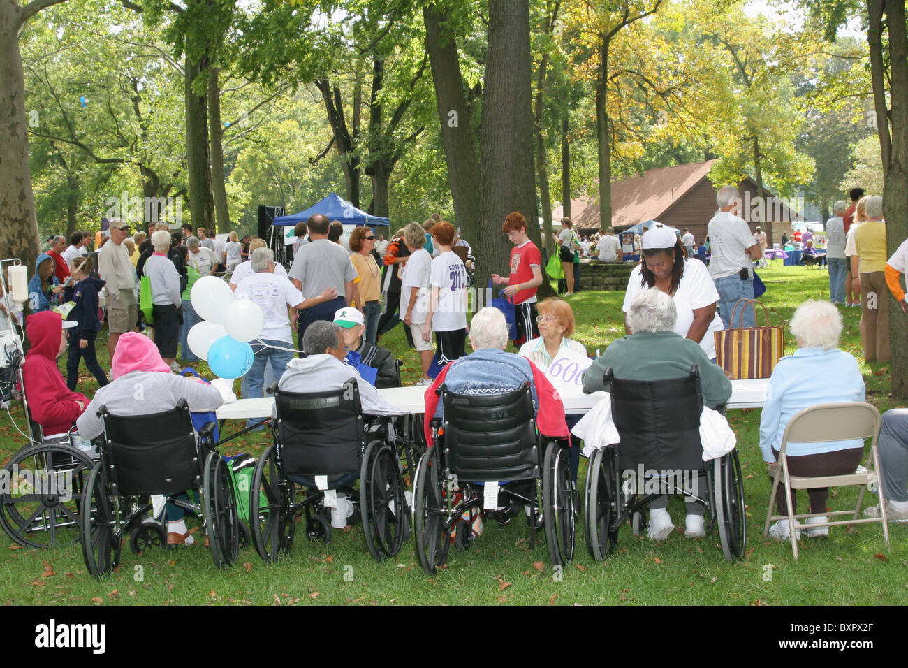 Elderly people in wheelchairs at the park. Alzheimer's Memory Walk ...
