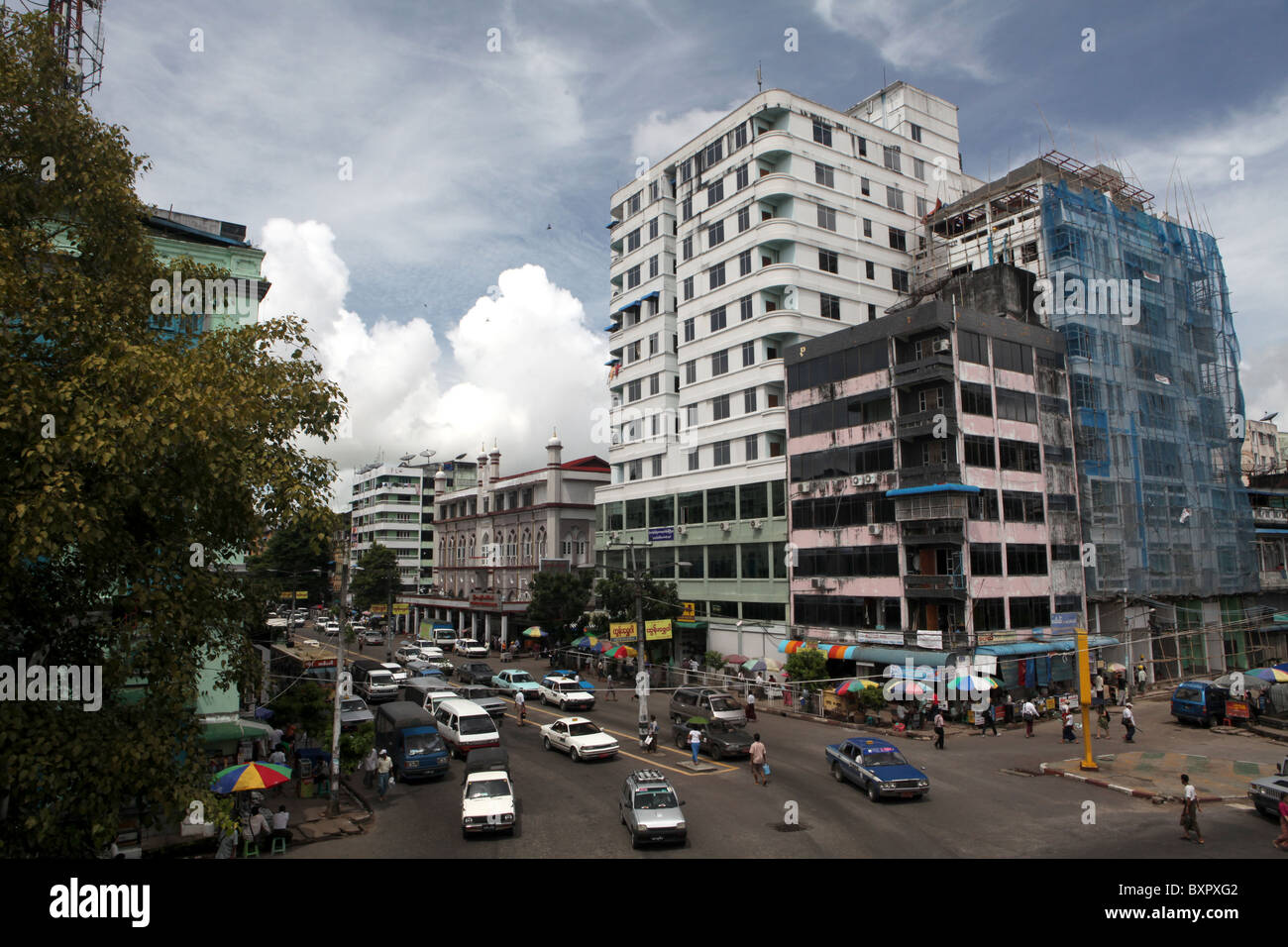 A view of the city centre streets in Yangon or Rangoon, Myanmar or ...