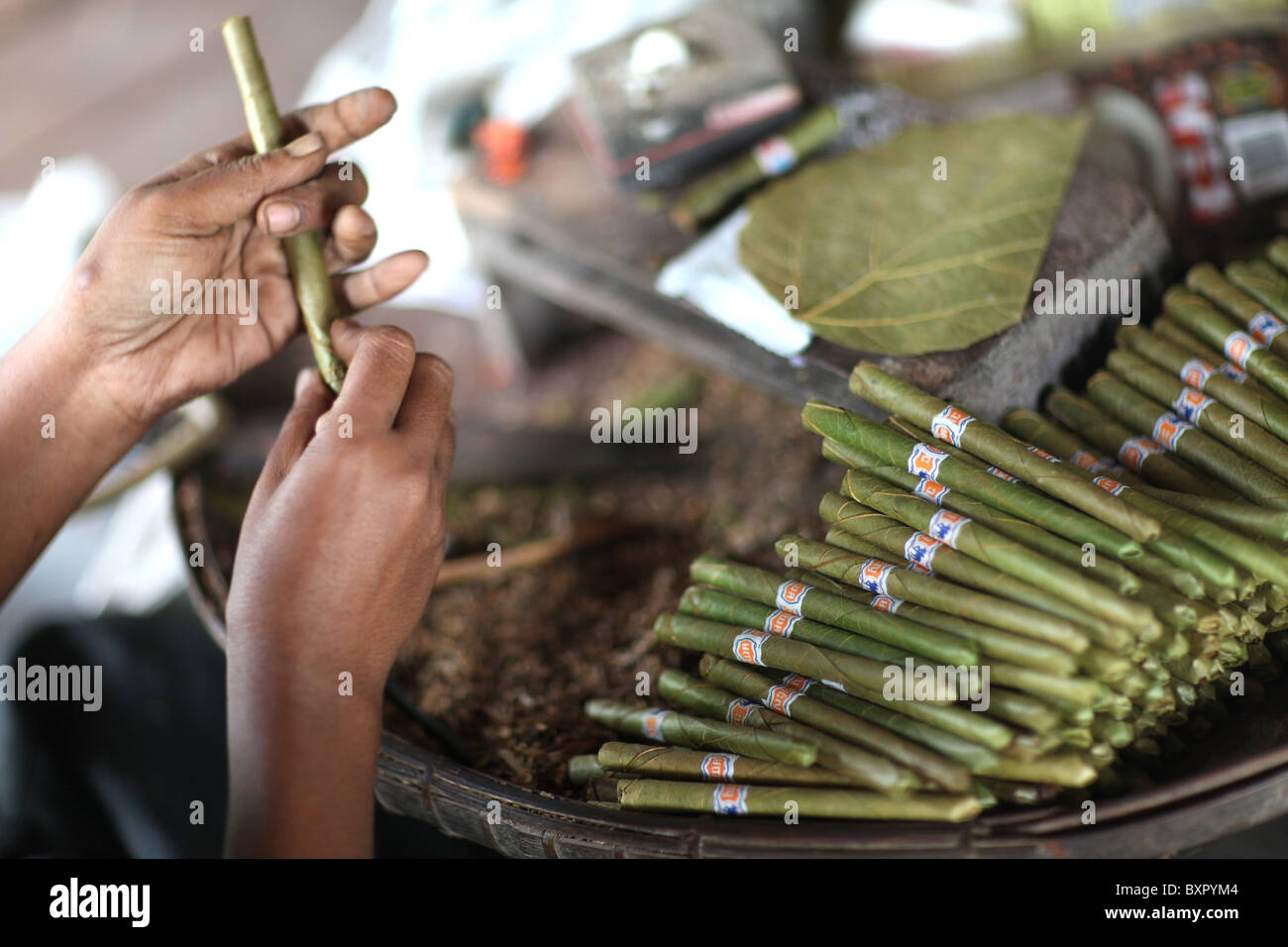 Women and children working at a village cheroot or cigar factory in ...
