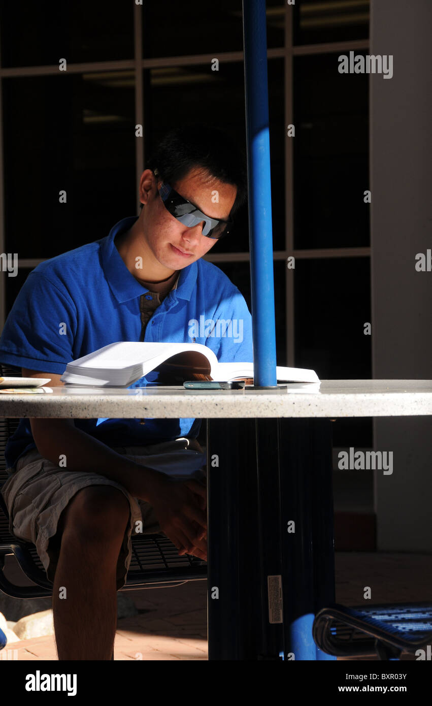 A college student studying outdoors sits in the shade and wears eye ...