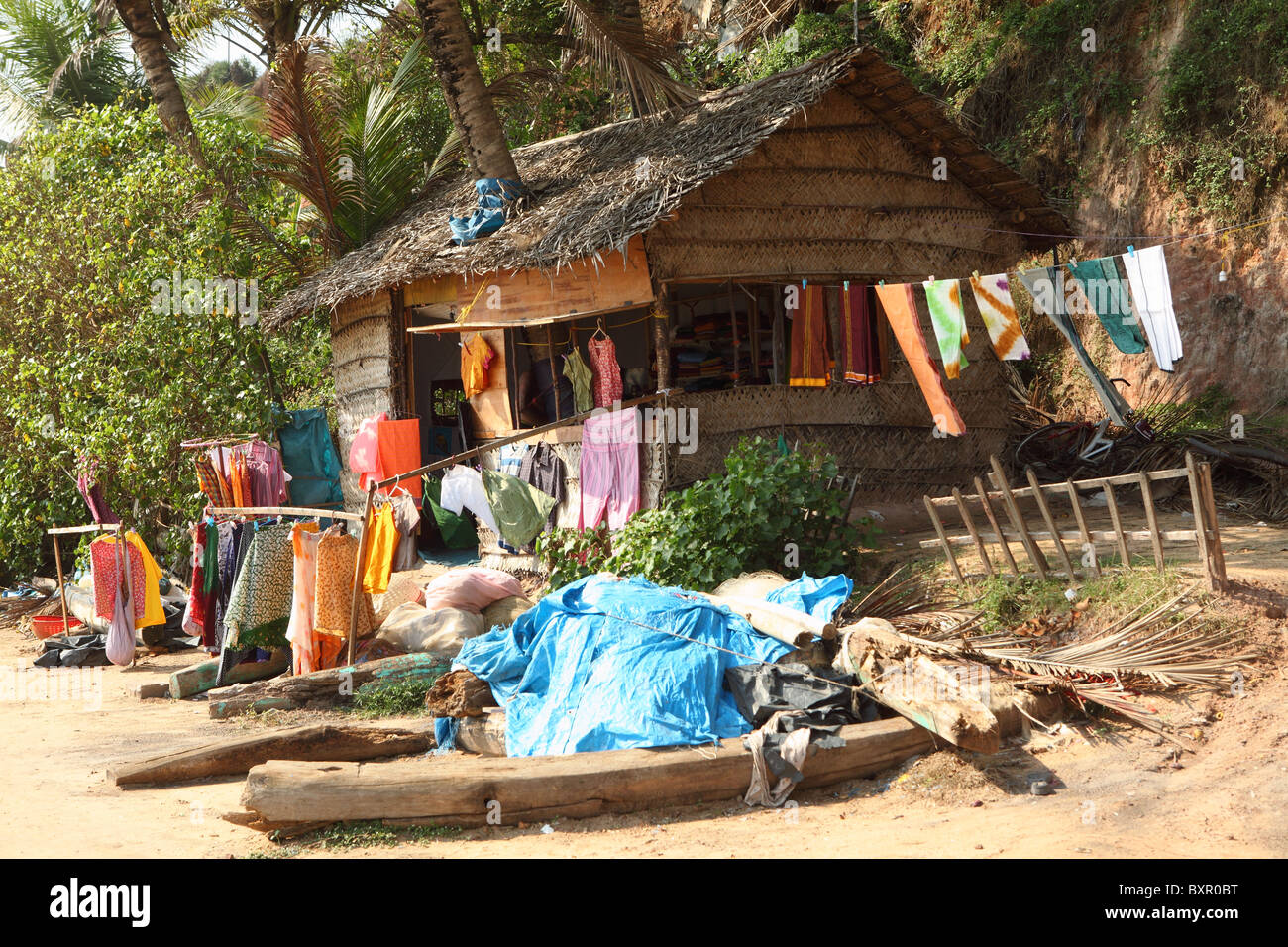 A small tailor's shop on Varkala beach, Kerala, offers hand-made cotton ...