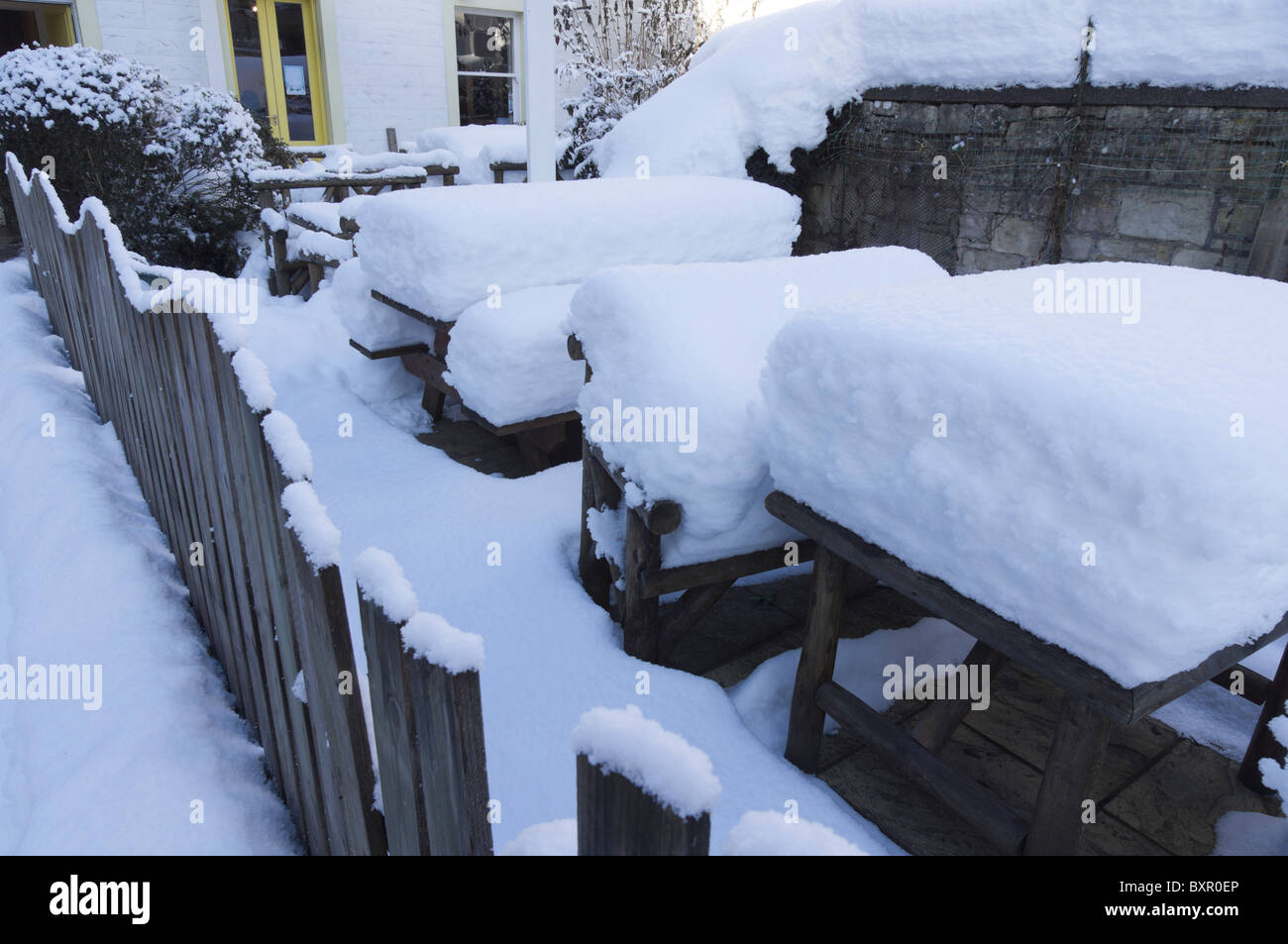 Outdoor seating for a Scottish tea-room in winter - deep snow on the ...