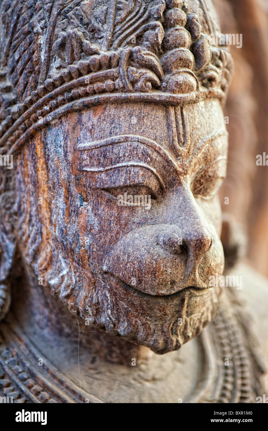 Granite stone Hanuman statue. Worshiped hindu Indian deity. Andhra ...
