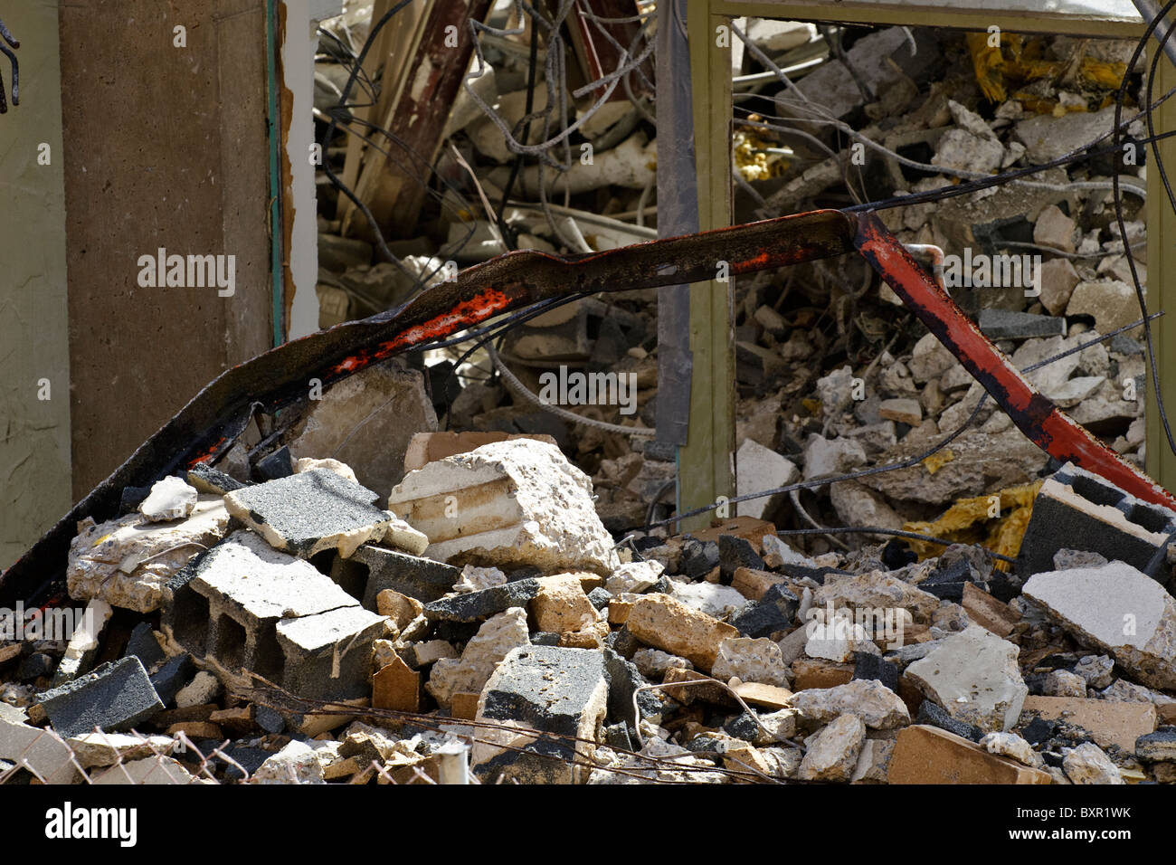 Close up of broken rubble from the demolition of the Towers dorm rooms ...