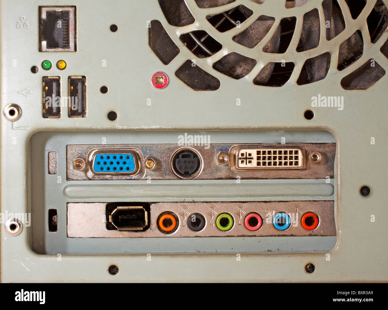 Back of a pc with jacks and usb Stock Photo - Alamy