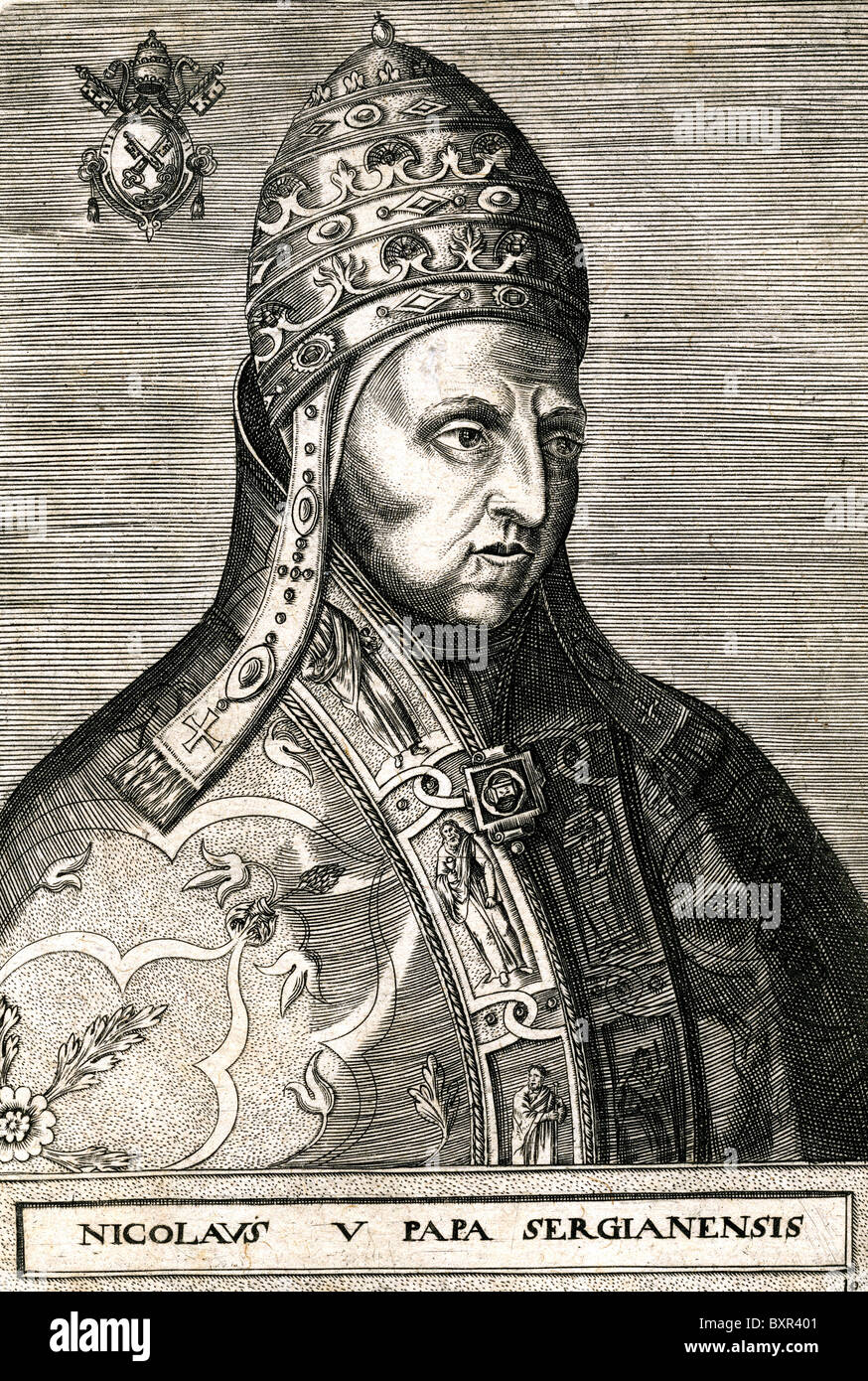 Portrait of Pope Nicholas V (reigned 1447-1455) (Engraving, 1584, by ...