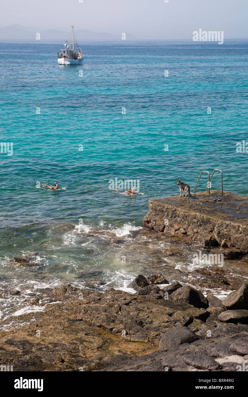 Swimmers with dog waiting at bathing platform at Playa Blanca ...