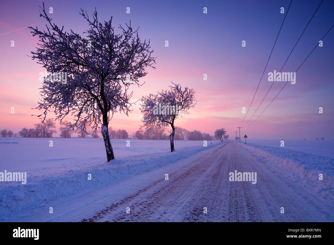 snow covered cobblestone country road in a winter landscape at dusk ...