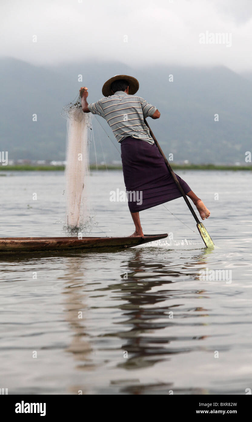 Intha leg rowing fisherman with on Inle Lake in the shan state of north ...