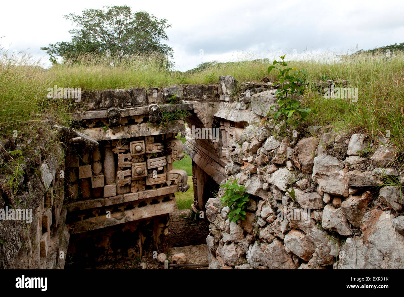 DETAIL OF THE PALACE, PUCC MAYAN RUINS OF LABNA, YUCATAN, MEXICO Stock ...