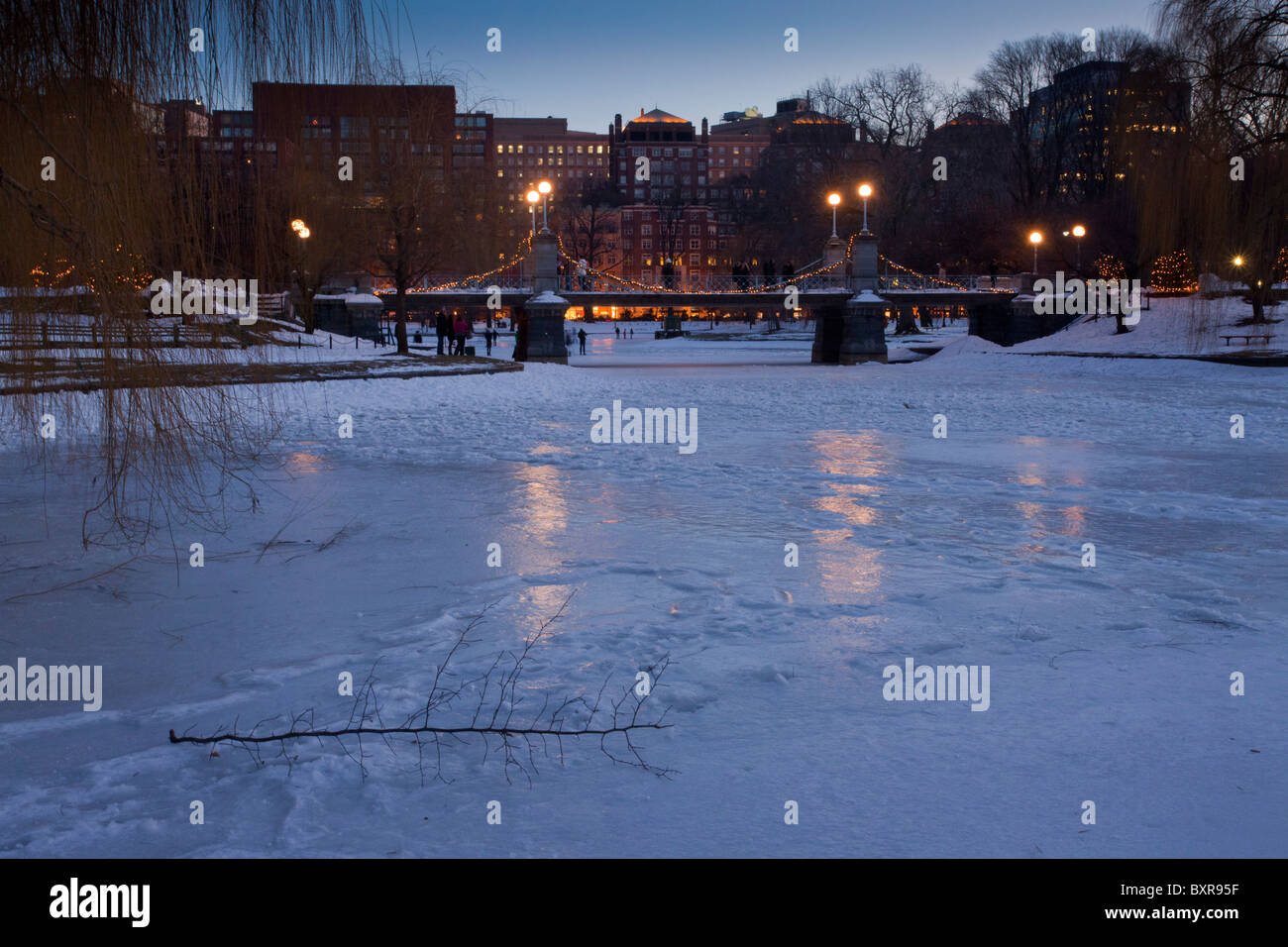 frozen Lagoon in the Public Gardens in snow, at Christmas, Boston, Ma ...