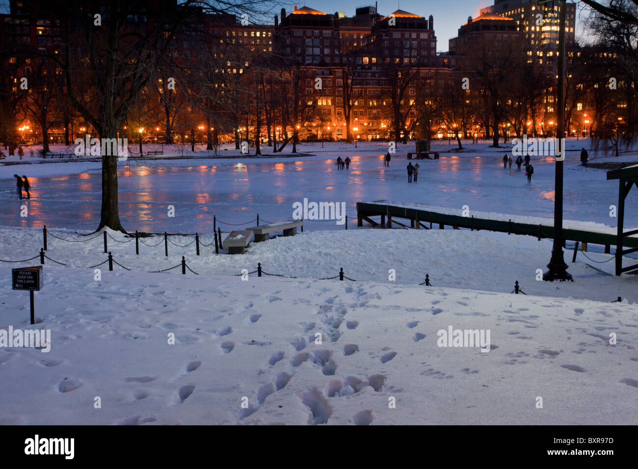 frozen Lagoon in the Public Gardens in snow, at Christmas, Boston, Ma ...