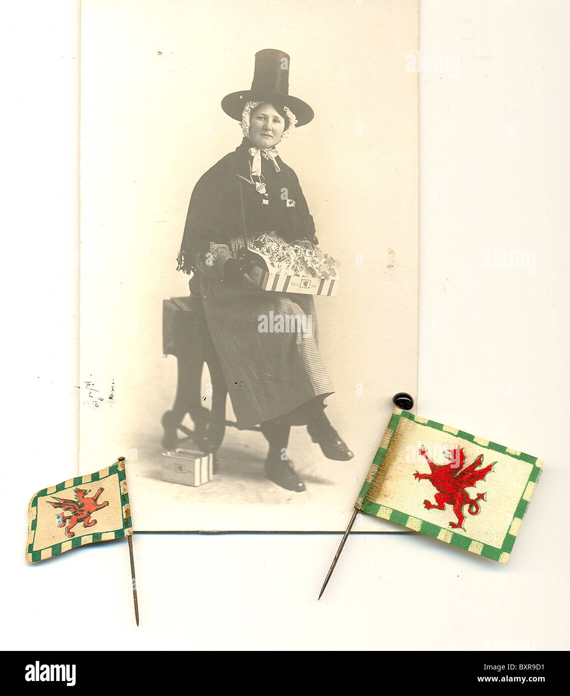 Picture postcard of charity flag seller for Welsh Day Stock Photo - Alamy