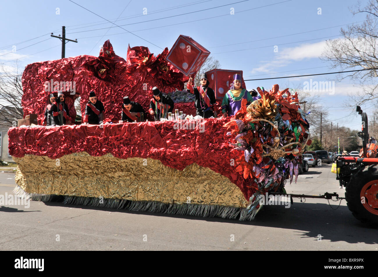 Craps' foil covered float in Krewe of Mid-City parade, Mardi Gras 2010 ...