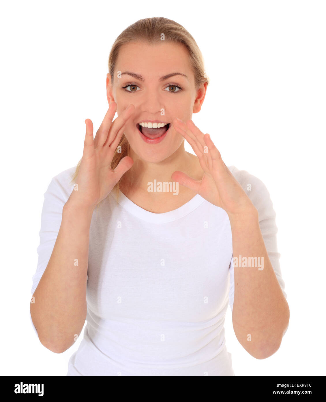 Attractive blonde woman shouting out loud. All on white background ...