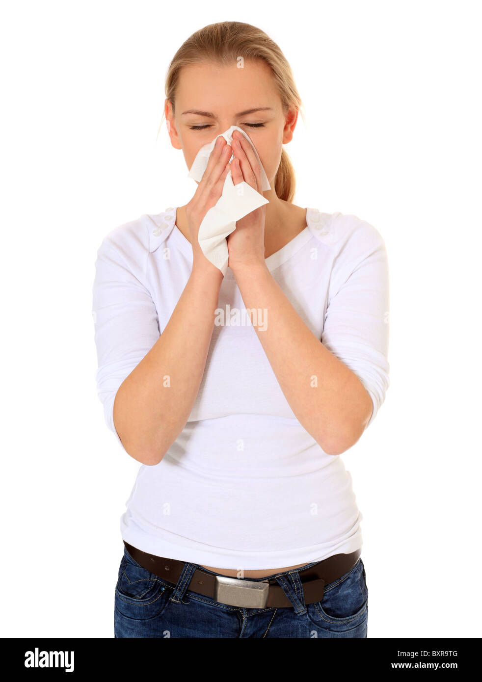 Attractive blonde woman using tissue. All on white background Stock ...