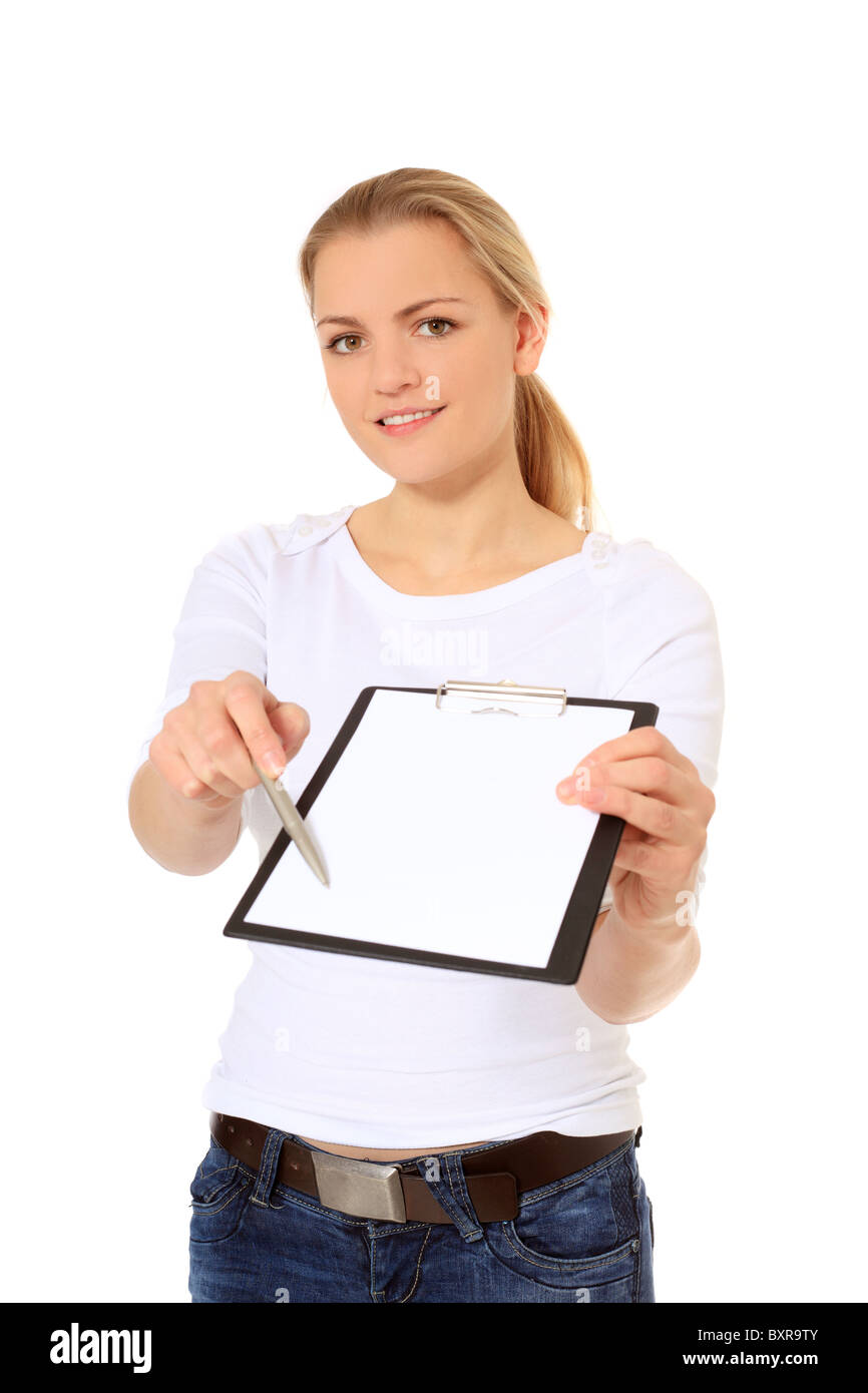 Attractive blonde woman doing a signature campaign. All on white ...