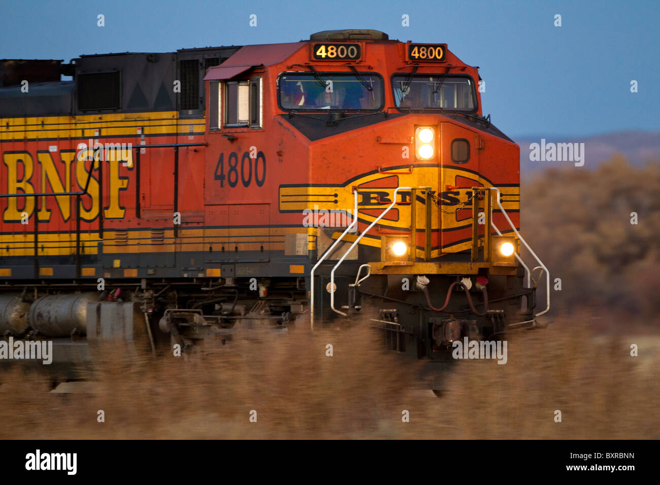 American goods train running alongside the Bosque del Apache National ...