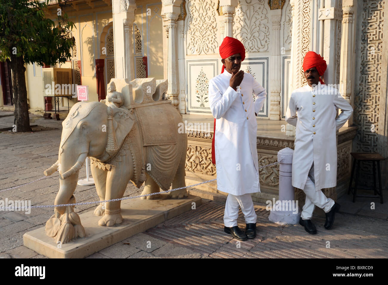 Two guards of Royal Palace in Rajasthan , India white red turban and ...