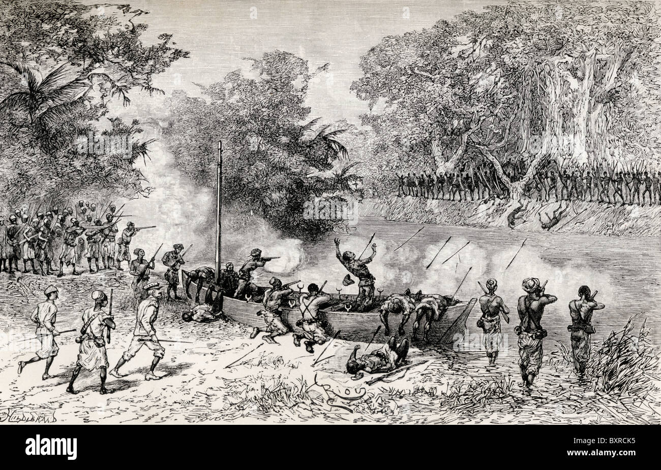Stanley's Emin Pasha Relief Expedition, 1886 to 1889, being attacked by ...